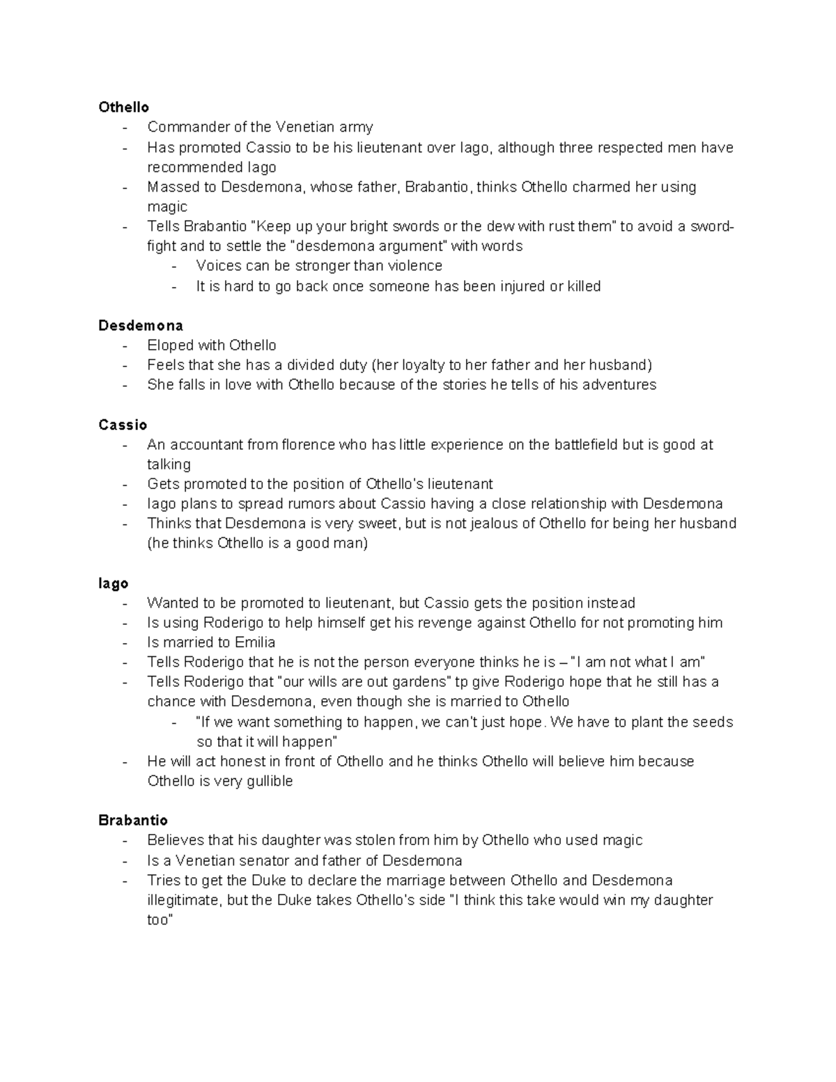 Othello (ENG 101) Act I Summary and Character Analysis Notes - Studocu