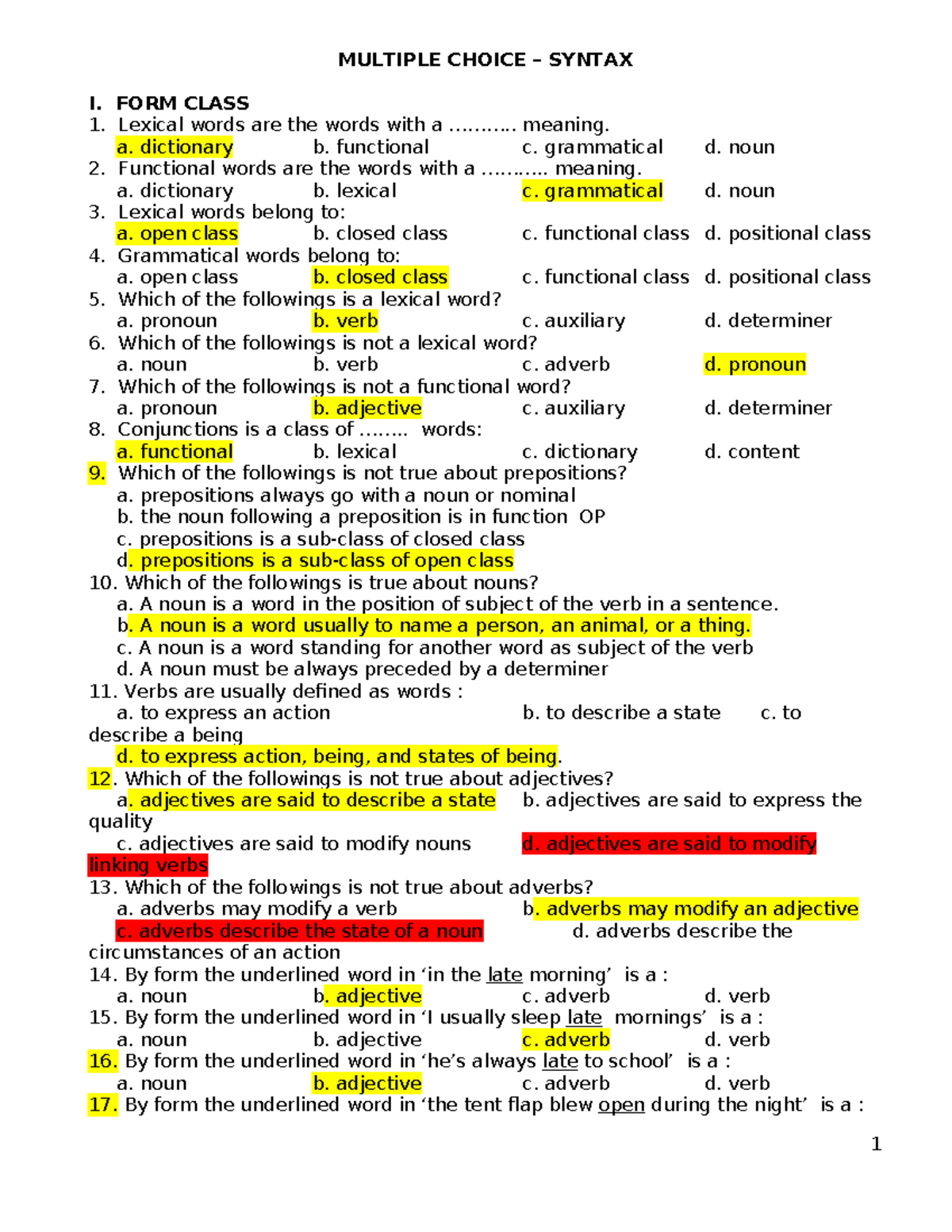 Multiple Choice Syntax I: Form Class and Sentence Patterns - Studocu