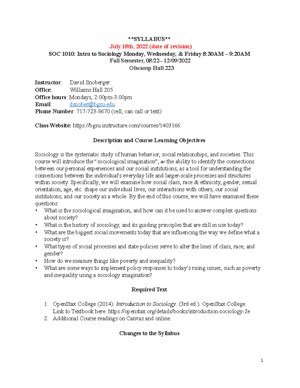 Fall 2022 SOC 1010: Intro to Sociology Syllabus and Course Outline ...