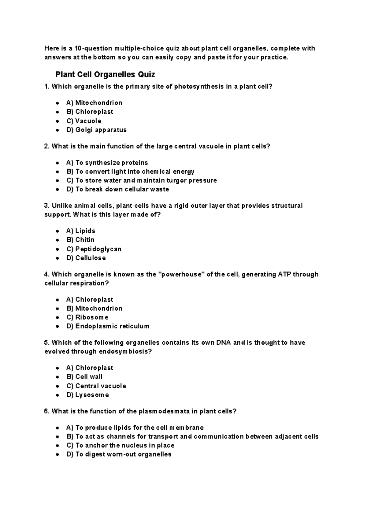 Bio 2 Quiz: Plant Cell Organelles with Answers - Studocu