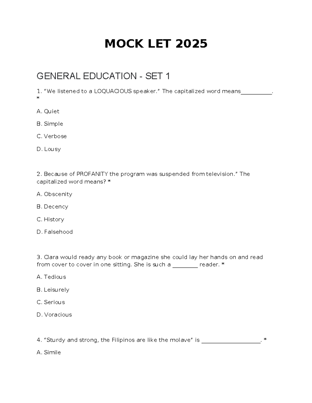 MOCK LET 2025 - General Education Practice Exam for MAPEH Students ...