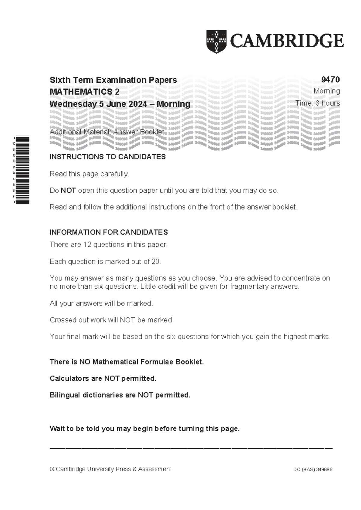 MATHEMATICS 9470 Sixth Term Exam Paper - June 2024 - Studocu