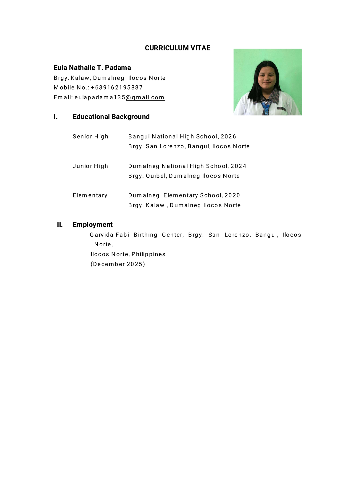 3I Curriculum Vitae for Final Defense - Eula Nathalie T. Padama - Studocu
