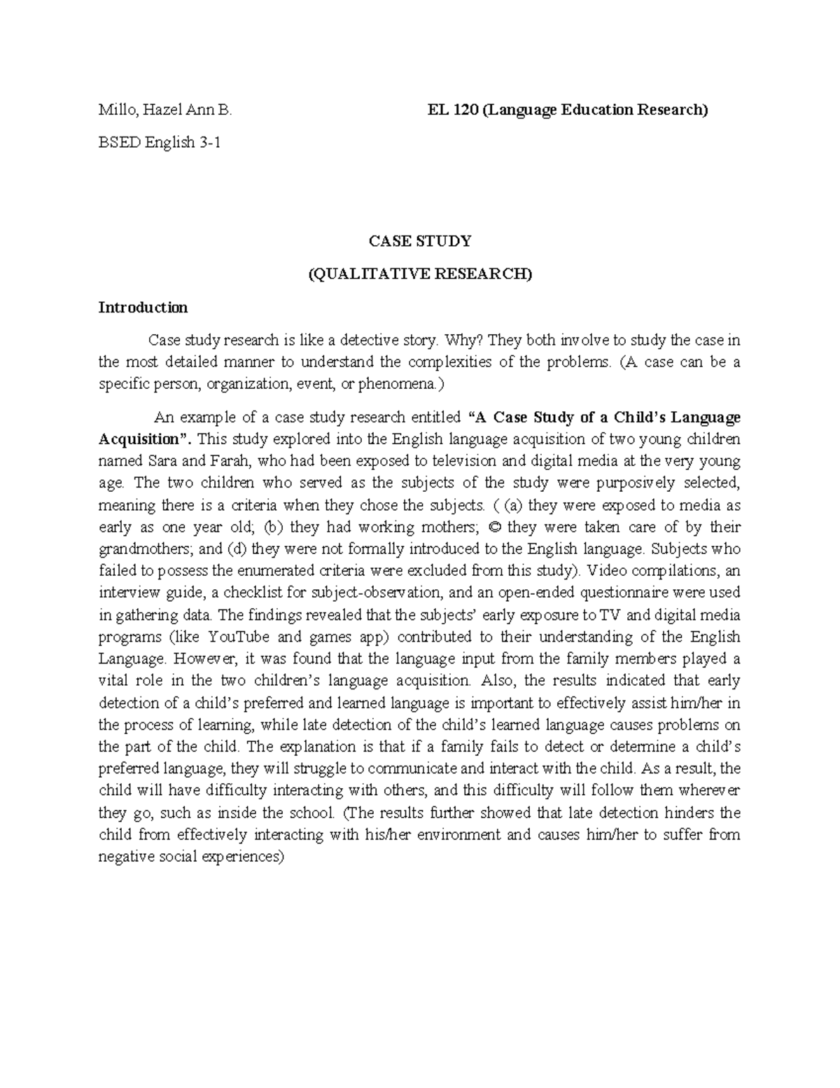 EL 120 BSED English Case Study: Language Acquisition of Sara & Farah - Studocu