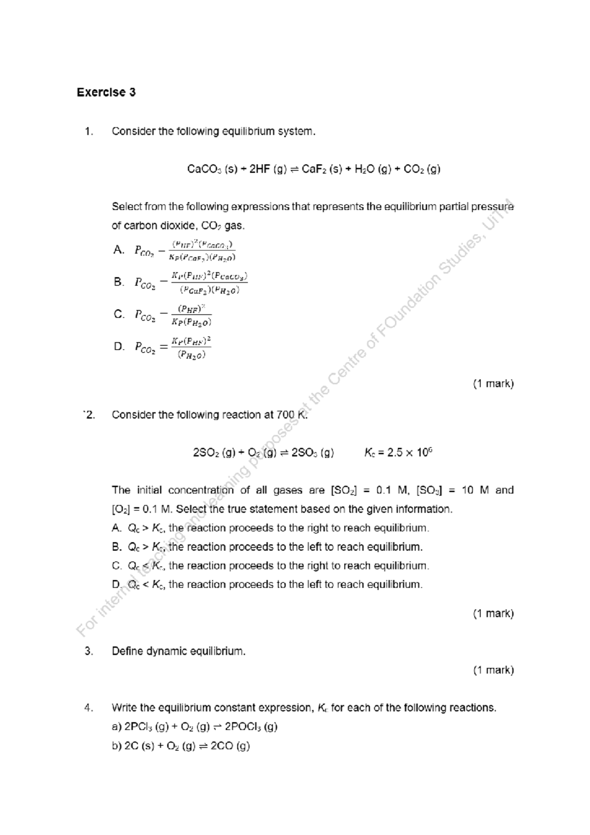 CHM Exercise 3 & 4: Equilibrium Systems Tutorial Questions - Studocu