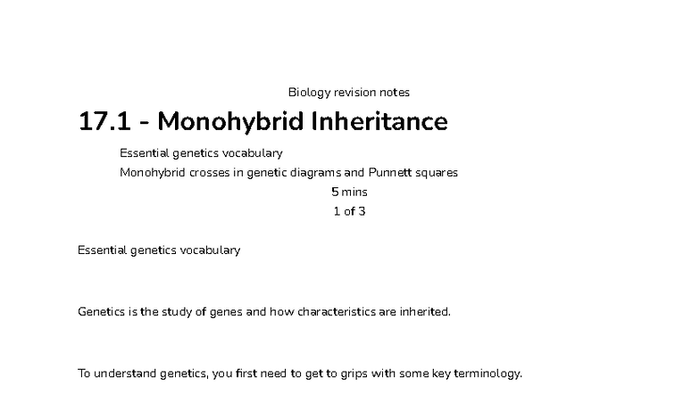 Monohydrbid inheritance - Biology revision notes 17 - Monohybrid ...