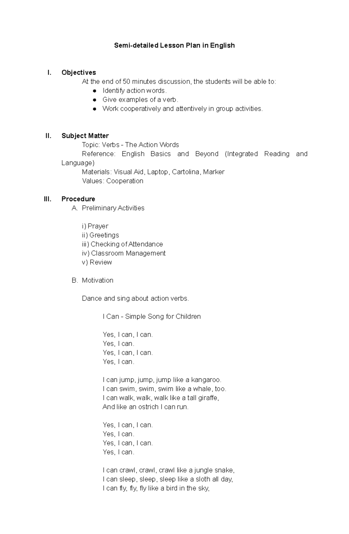 Semi-Detailed Lesson Plan: English on Verbs as Action Words - Studocu