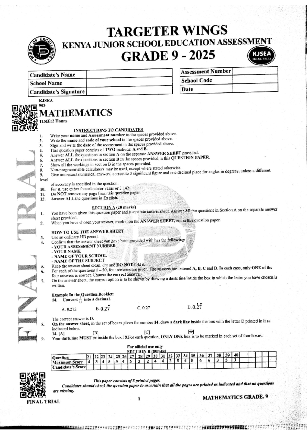 Targeter KJSEA Final Trial Assessment: Grade 9 Mathematics 2025 - Studocu