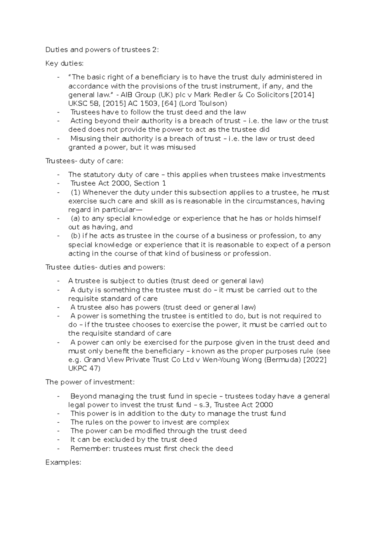 Duties and powers of trustees 2: Key responsibilities and investment strategies - Studocu