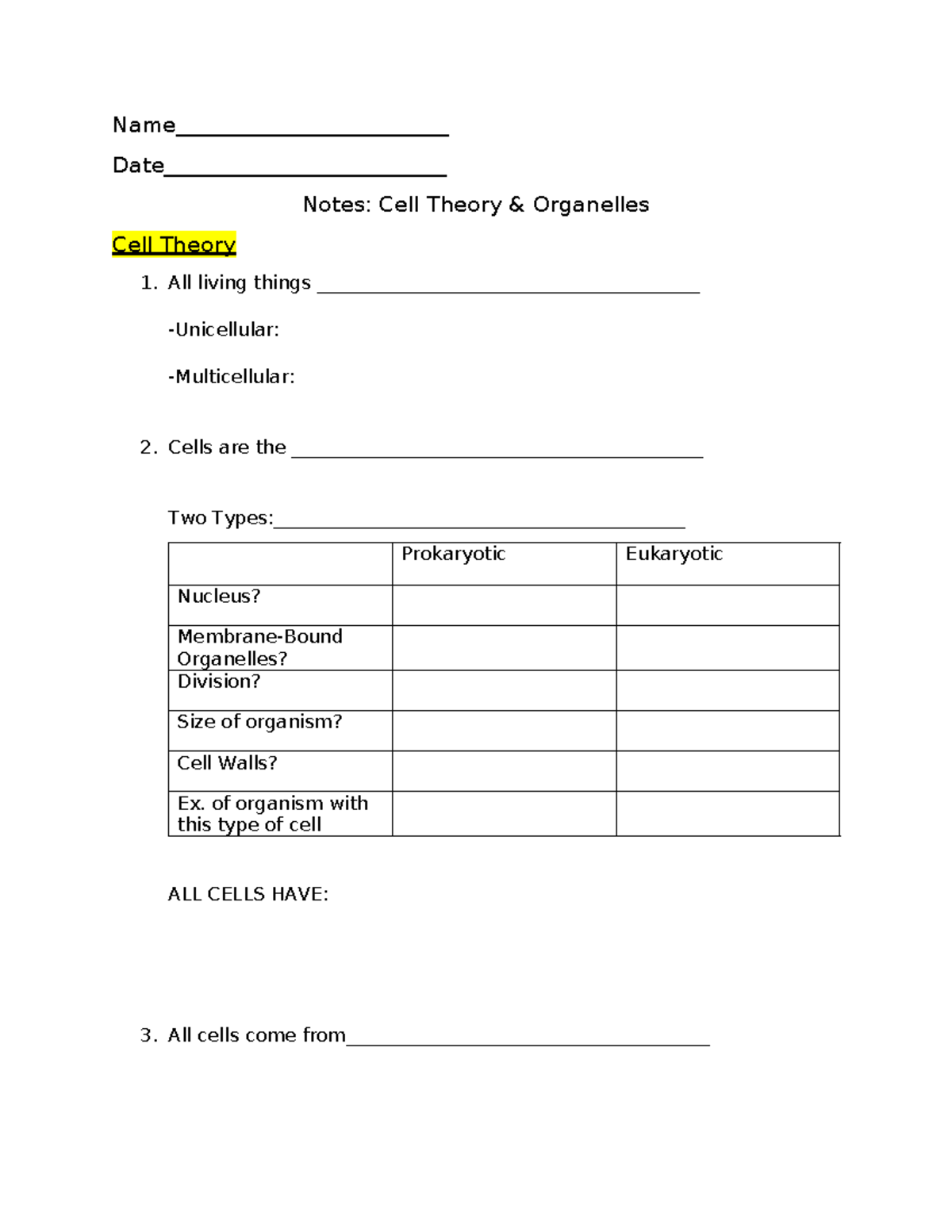 Cell Theory & Organelles Guided Notes Biology - Name ...