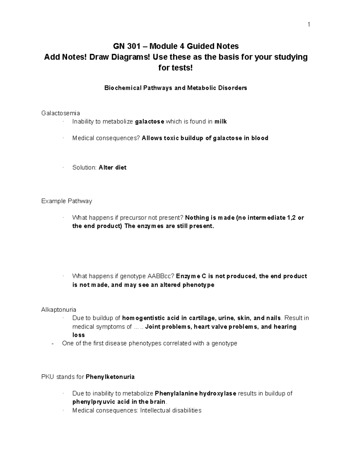 GN 301 Module 4 Guided Notes: Biochemical Pathways & Genetic Disorders ...