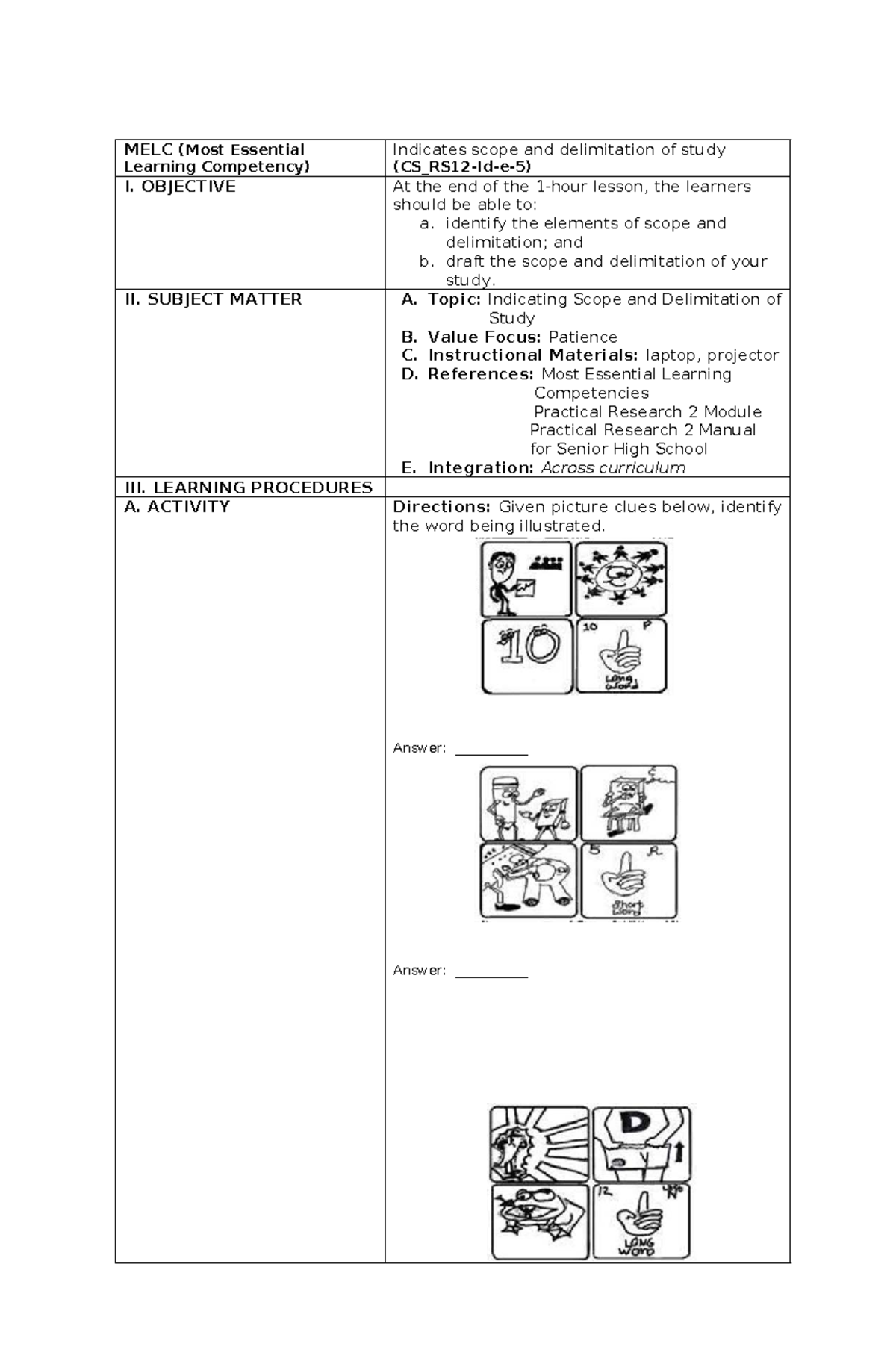 MELC Practical Research 2: Scope and Delimitation Lesson Plan - Studocu