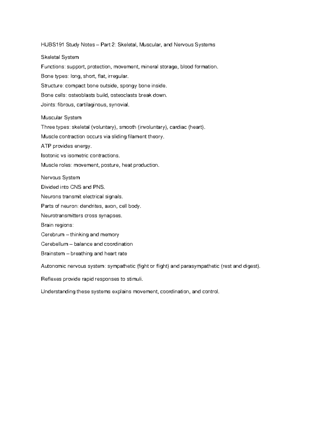 HUBS191 Study Notes Part 2: Skeletal, Muscular & Nervous Systems - Studocu