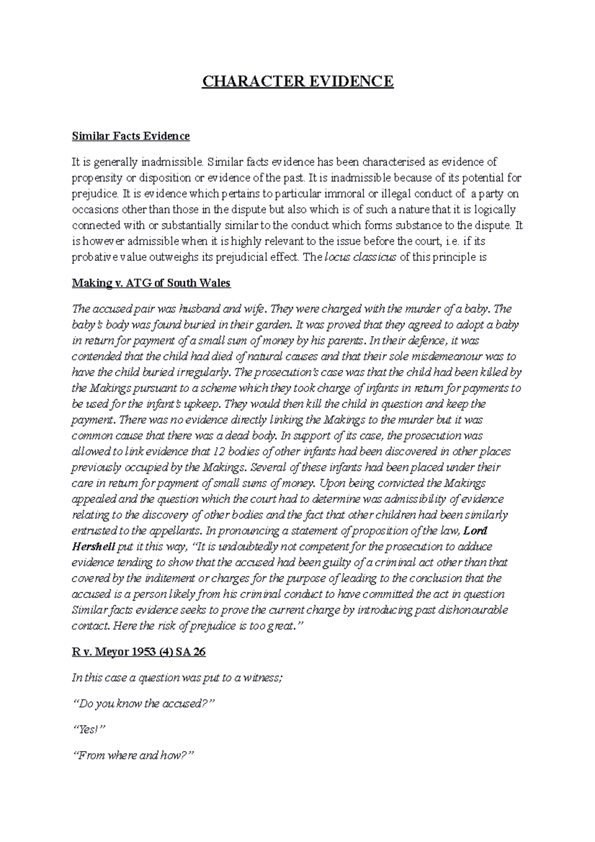 Character Evidence in Law: Admissibility and Relevant Cases - Studocu