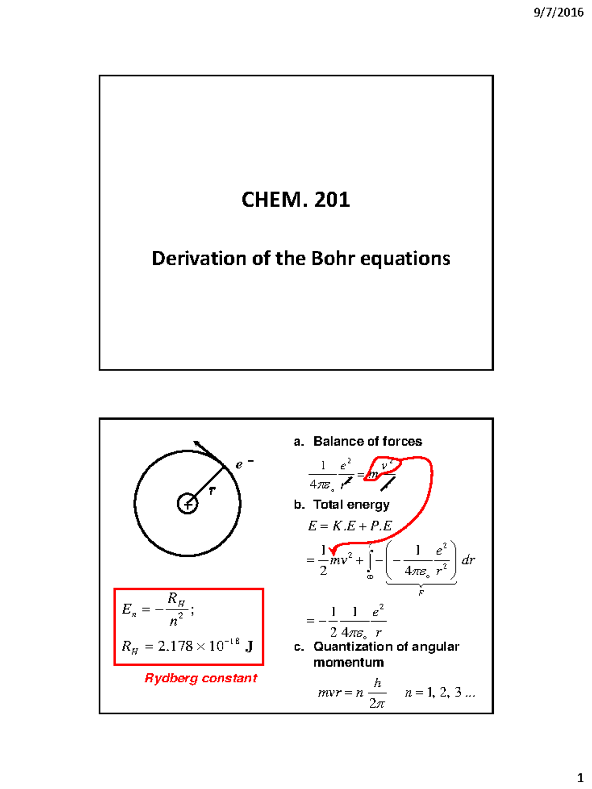 Bohr derivation 1 - bohr derrivation broken down with formulas - 9/7/ 1 ...