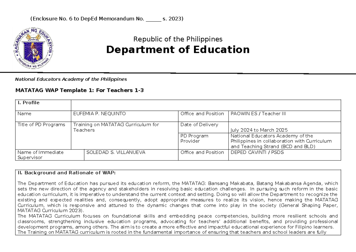 MATATAG WAP Template 1 for Teachers: Training Implementation Plan - Studocu