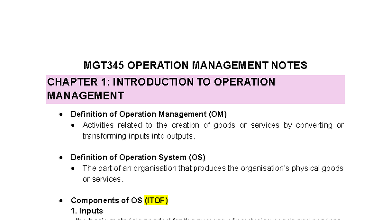 MGT345 OPERATION MANAGEMENT NOTES: CHAPTER 1 OVERVIEW - Studocu