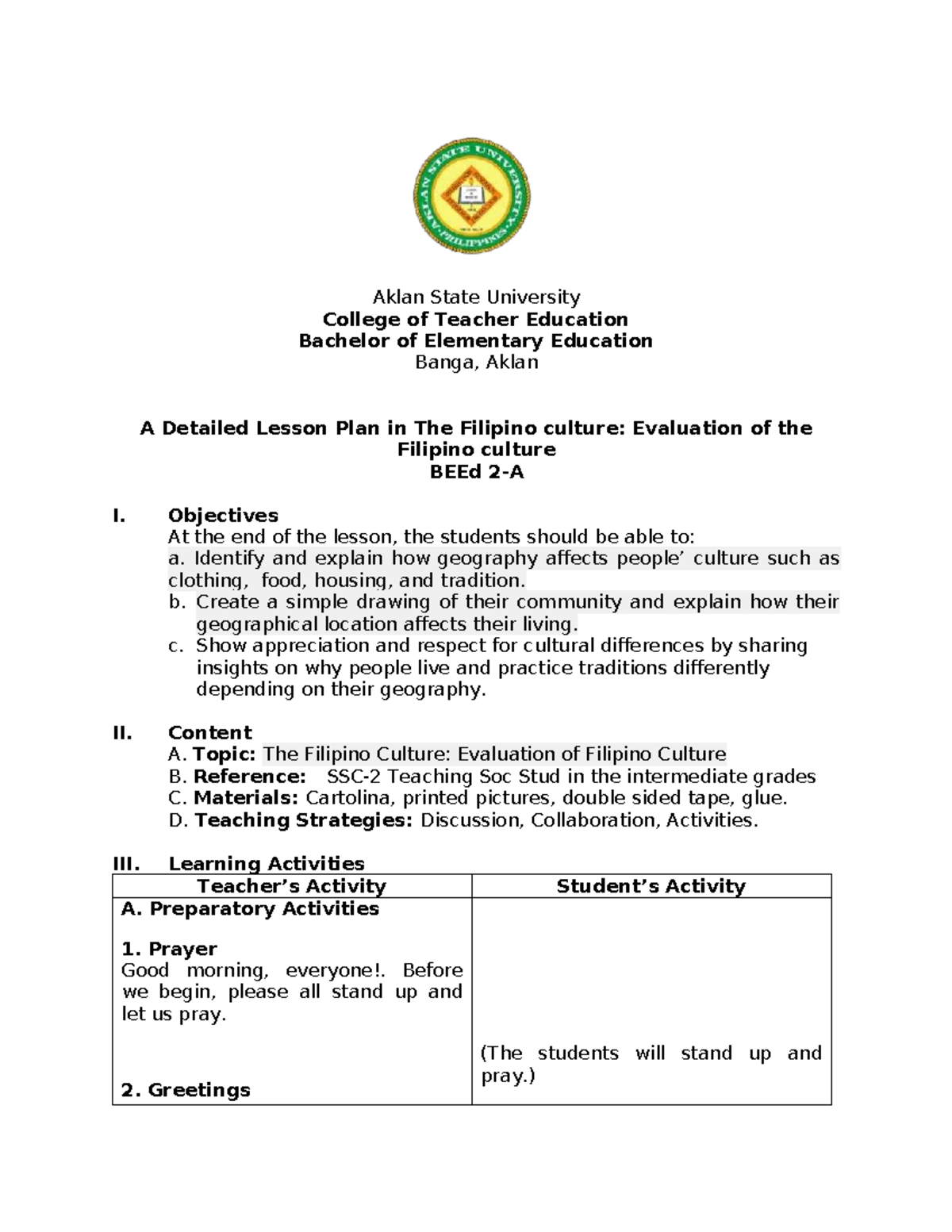 DLP: Evaluation of Filipino Culture - BEEd I Lesson Plan - Studocu