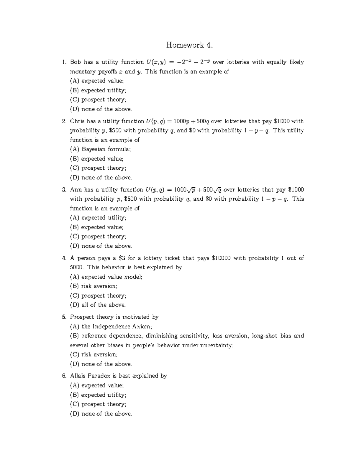 ECON 101 - Homework 4: Utility Functions & Prospect Theory - Studocu