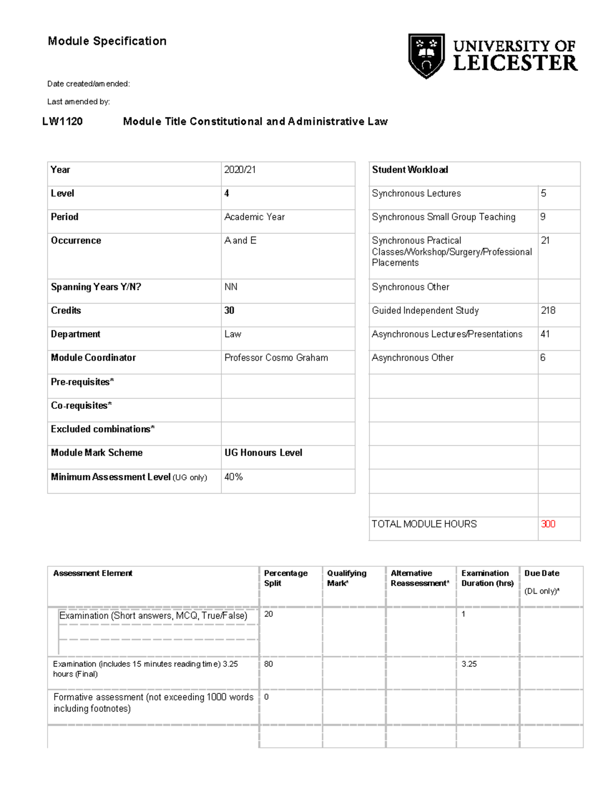 LW1120 Constitutional & Administrative Law Module Specification 2020-21 ...