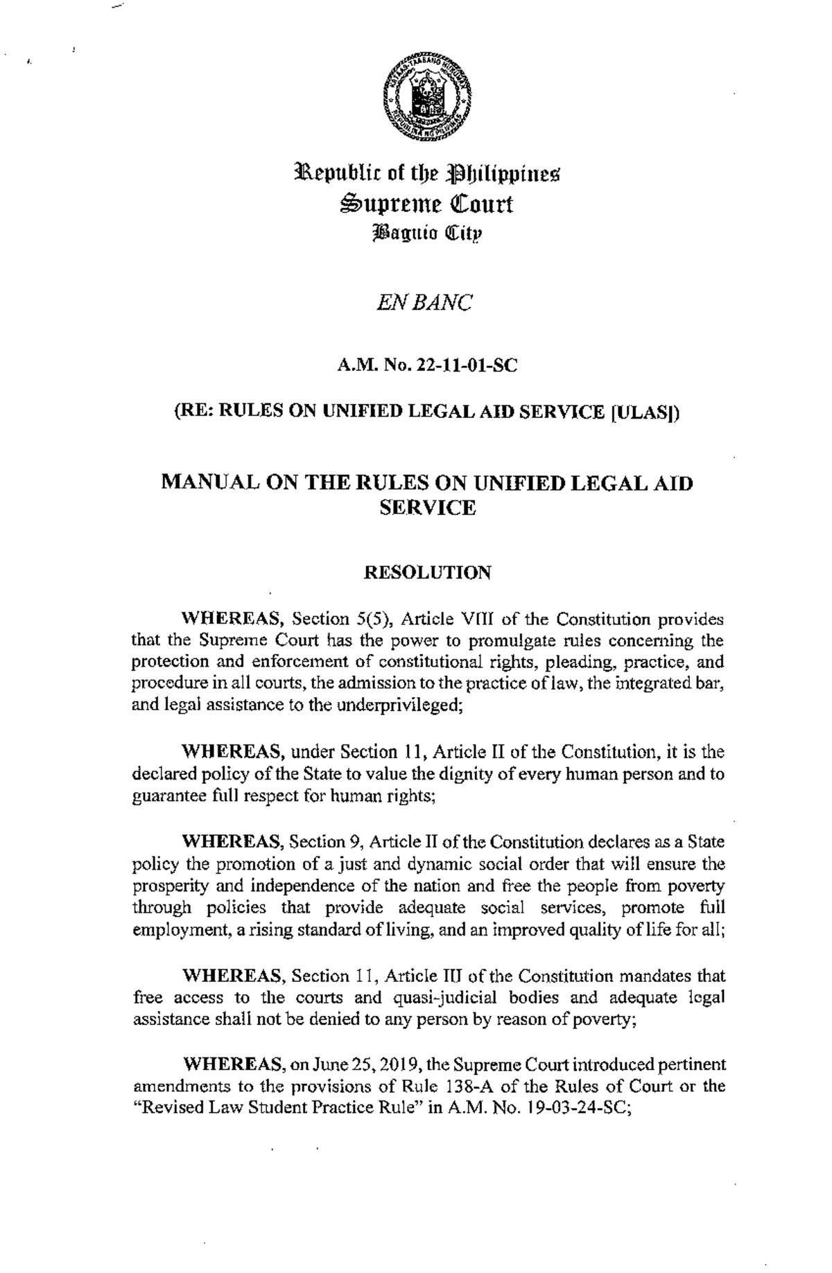 Manual on the Rules of Unified Legal Aid Service (ULAS) A.M. No. 2025 - Studocu