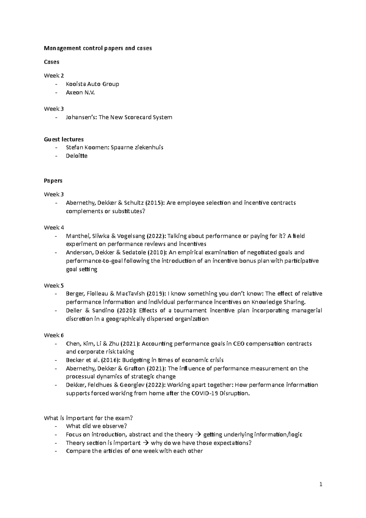 Management Control Cases & Papers Summary for MGT 501 - Studeersnel