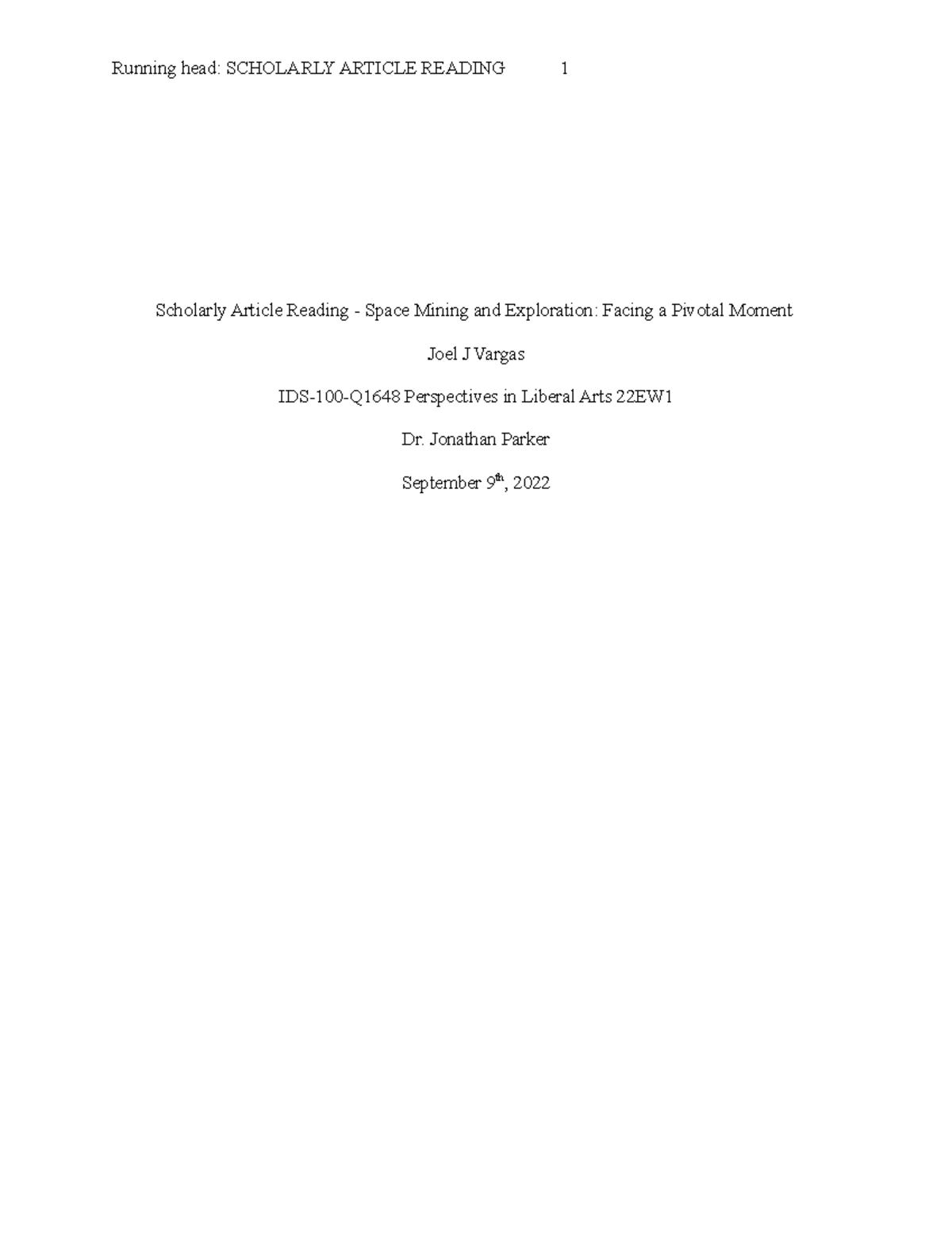 IDS-100 Module 2 Short Answer - Scholarly Article - Running head ...