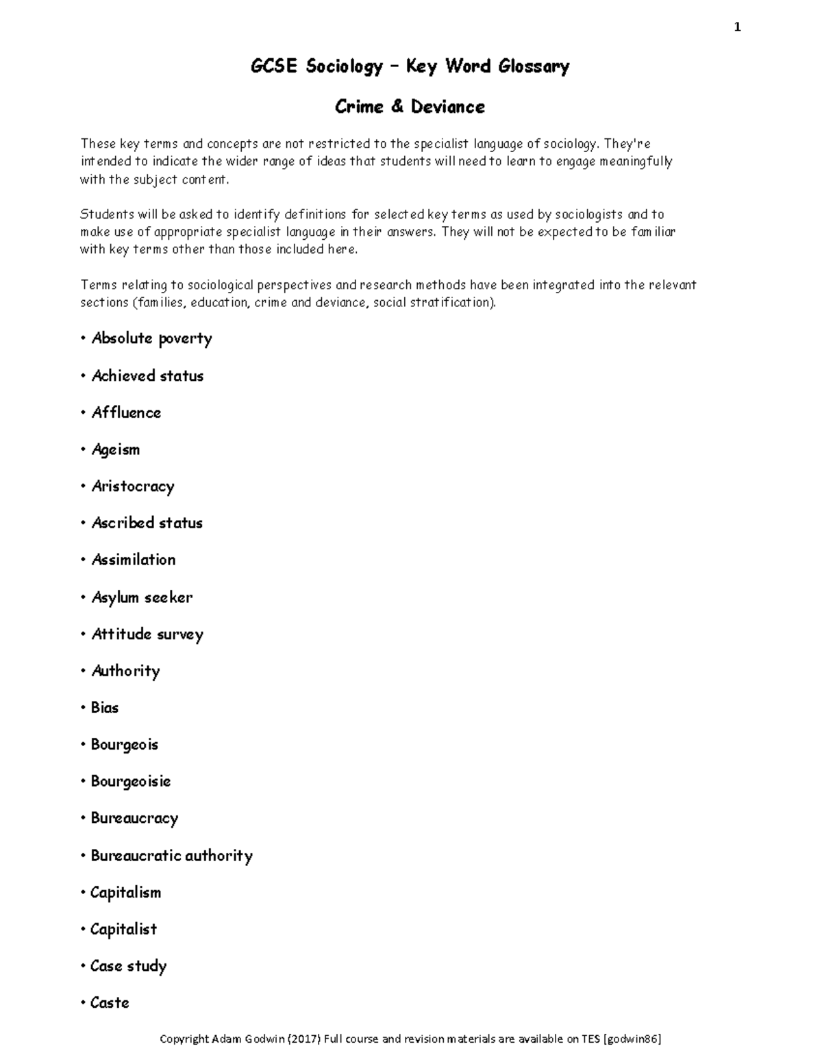 GCSE Sociology Key Word List Social Stratification - GCSE Sociology 3 ...
