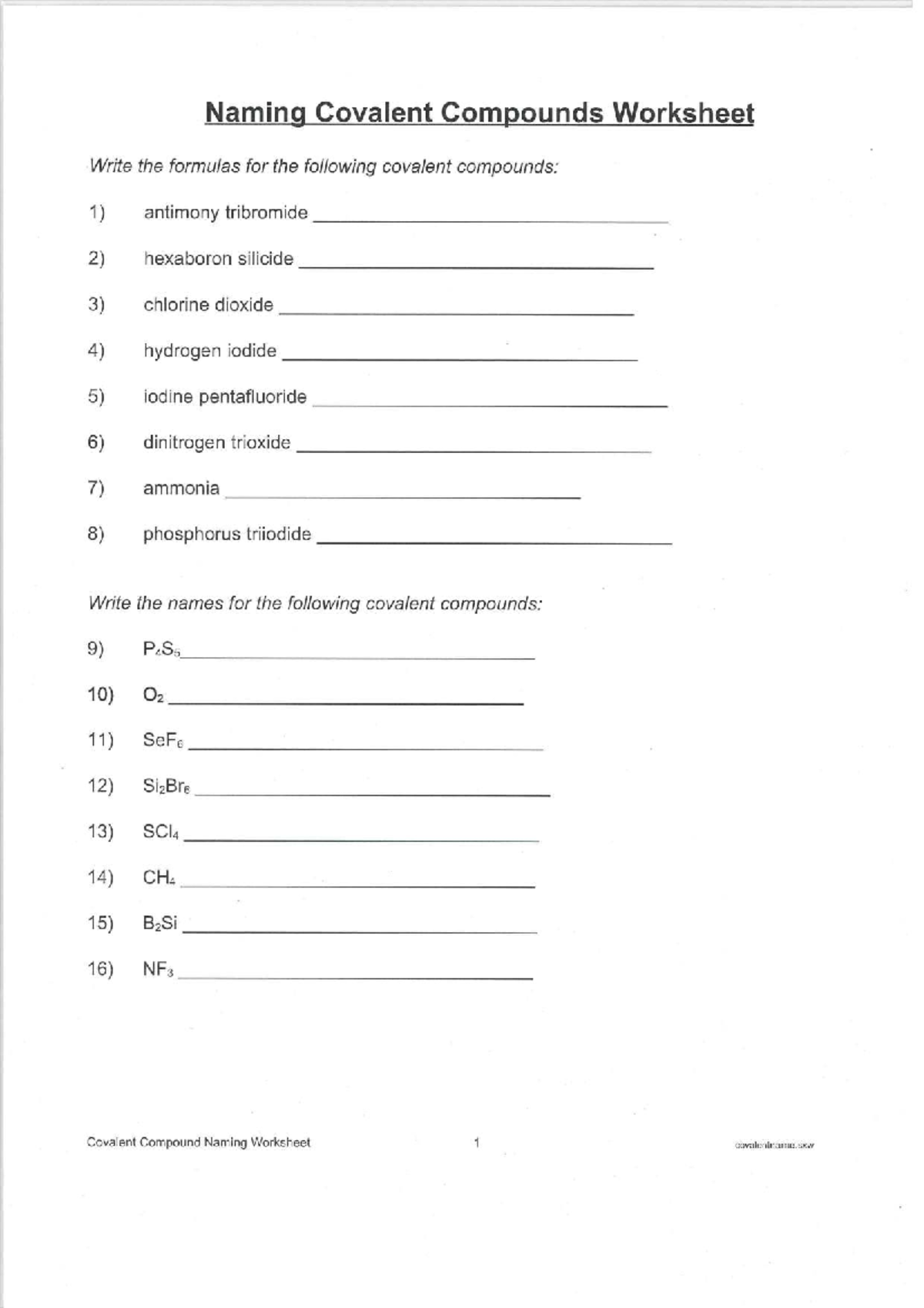 Covalent Compounds Naming & Formulas Worksheet (Chem 101) - Studocu