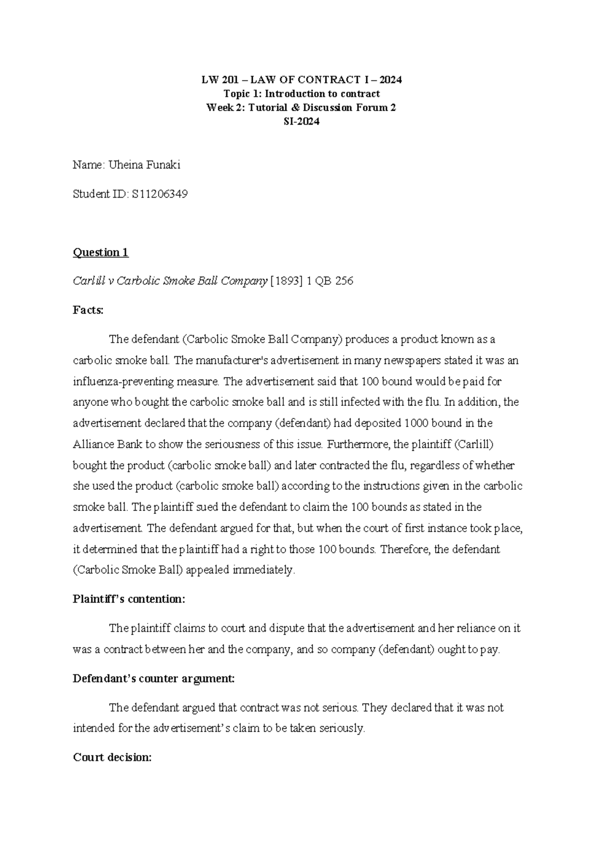 LW 201 Tutorial 2 - Case Analysis and Contract Law Discussions - Studocu