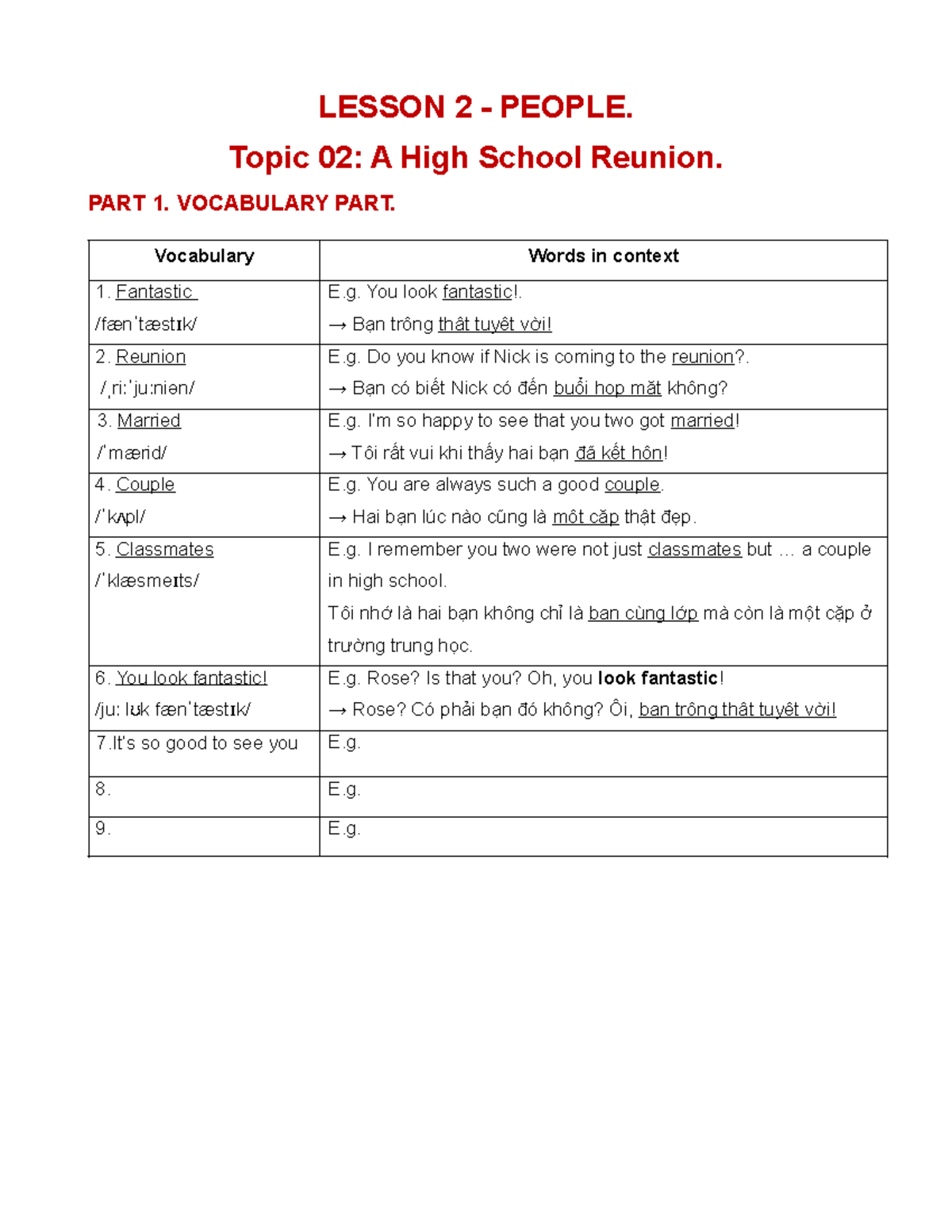 Lesson 2 - Topic 02: High School Reunion Vocabulary & Dialogue - Studocu