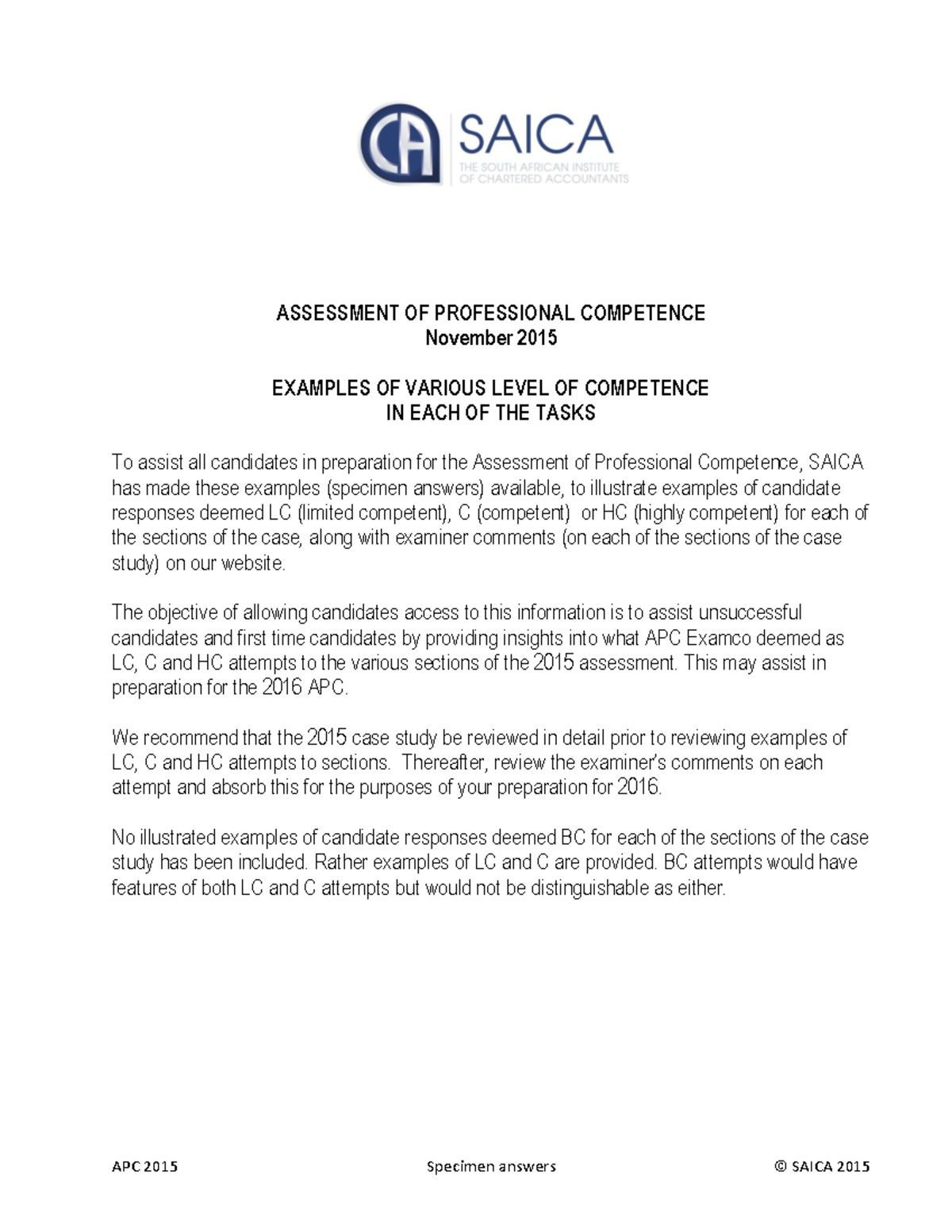 APC Nov 2015 Specimen Examples - ASSESSMENT OF PROFESSIONAL COMPETENCE ...