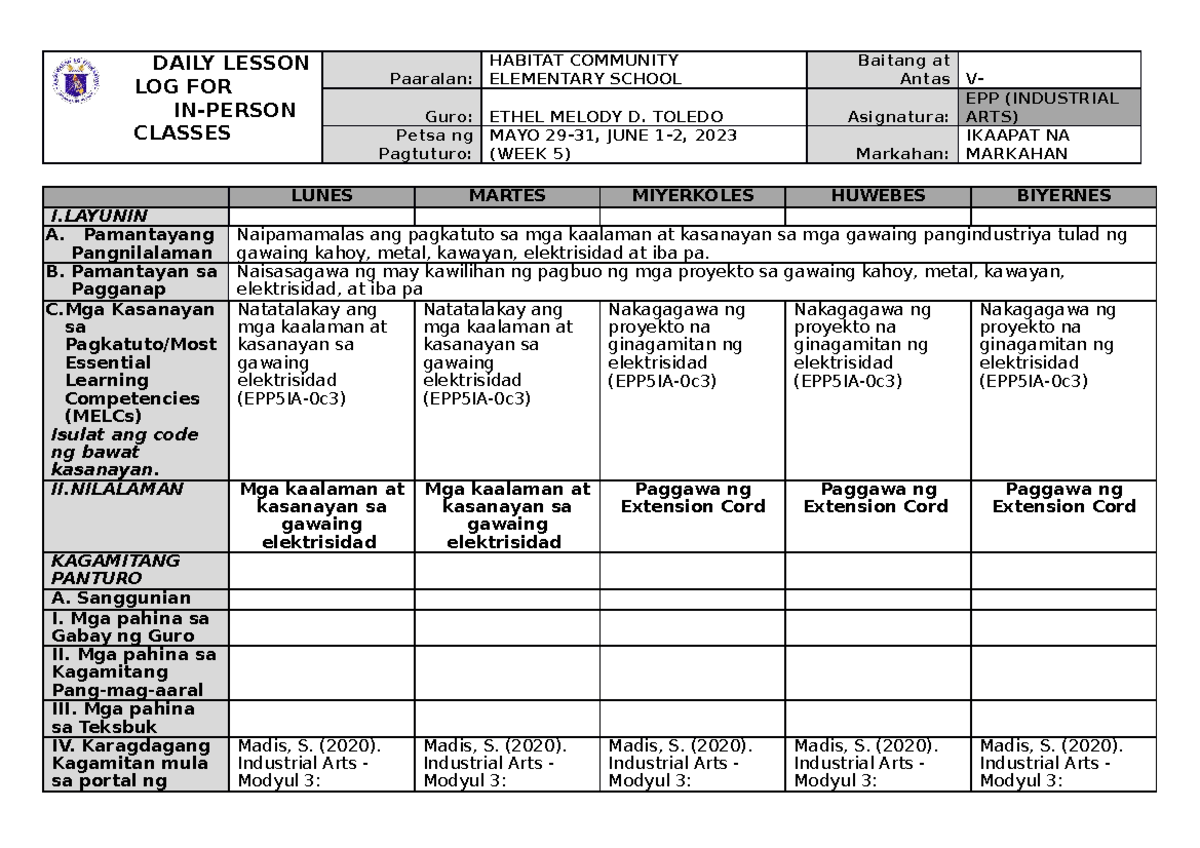 EPP 5 IA DLL WEEK 5 Final - Lesson Plan on Electrical Projects - Studocu