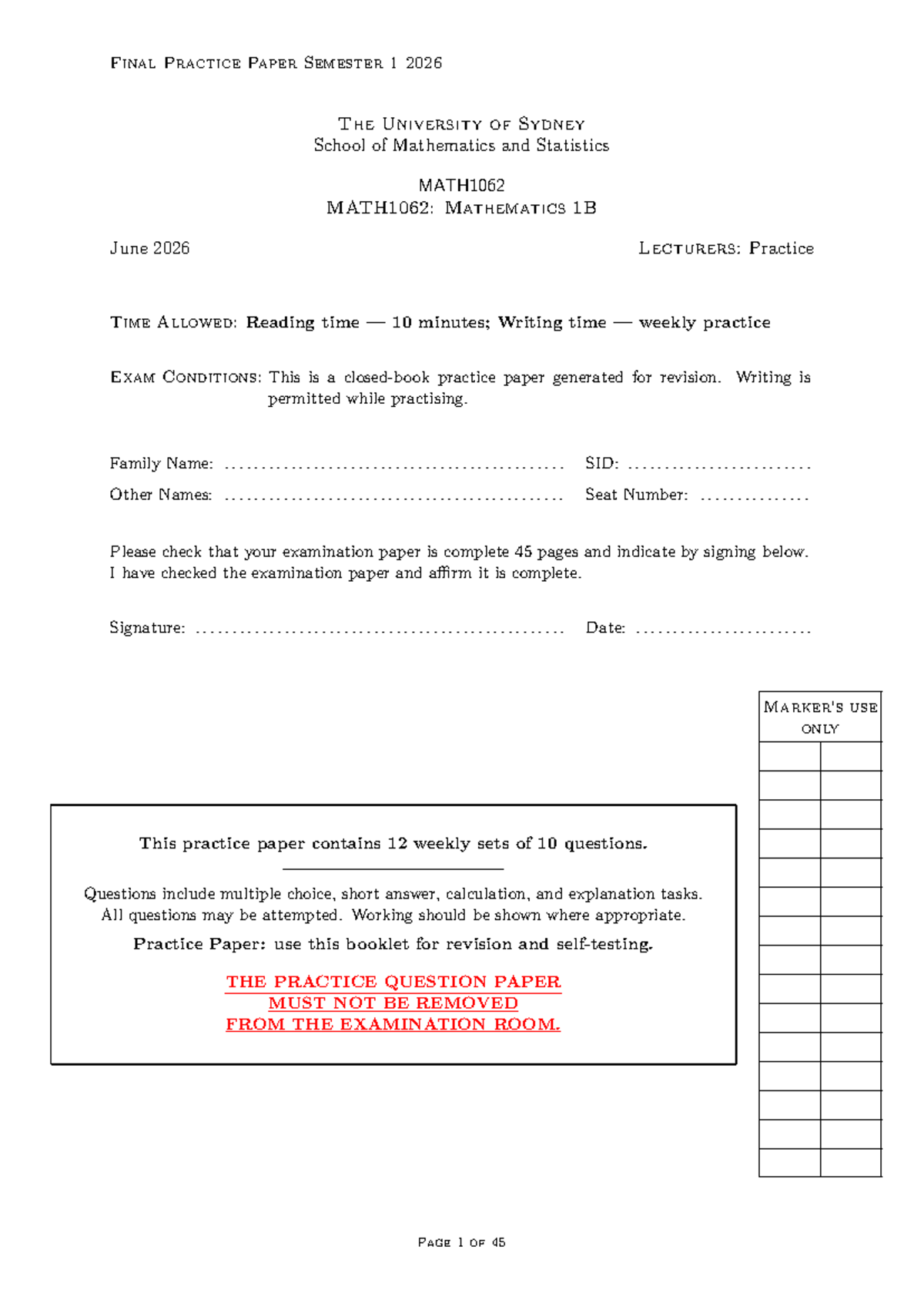 Final Practice Paper MATH1062 Semester 1 2026 - Revision Questions ...