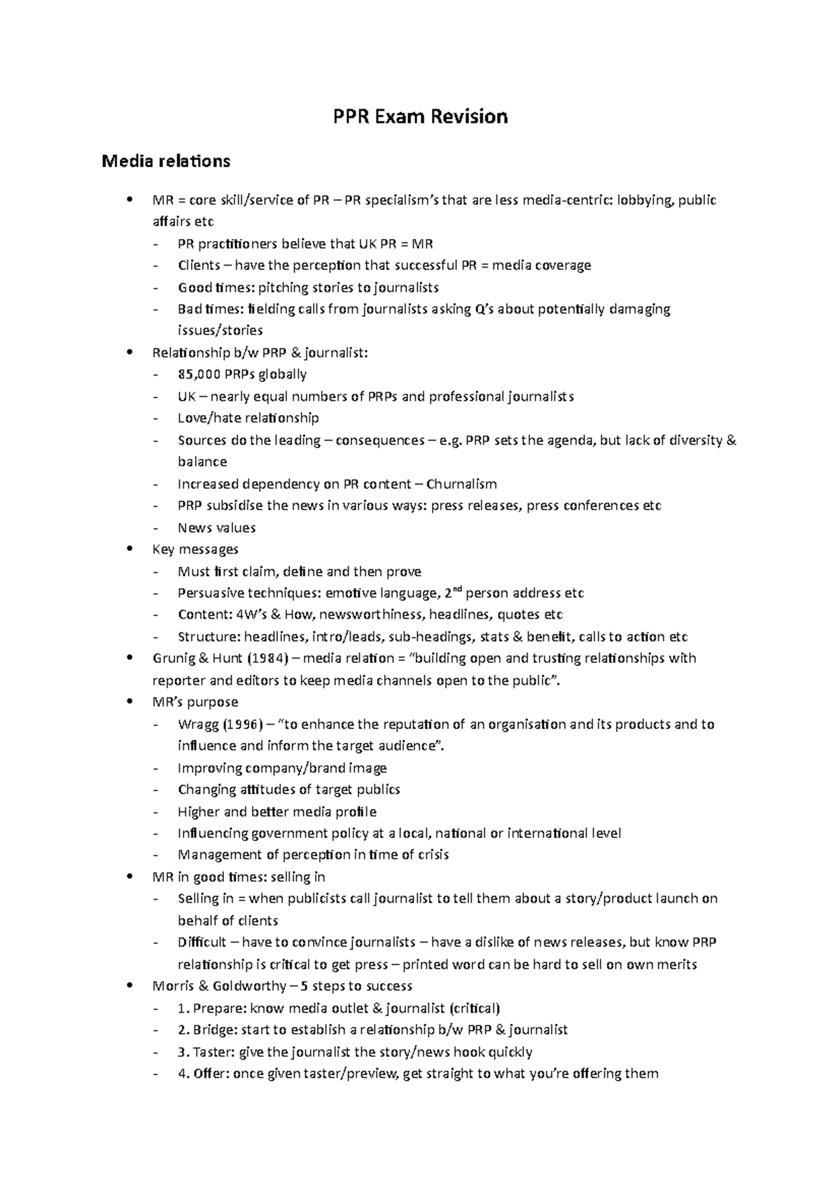 PPR 101: Principles of PR Final Exam Revision Notes - Studocu