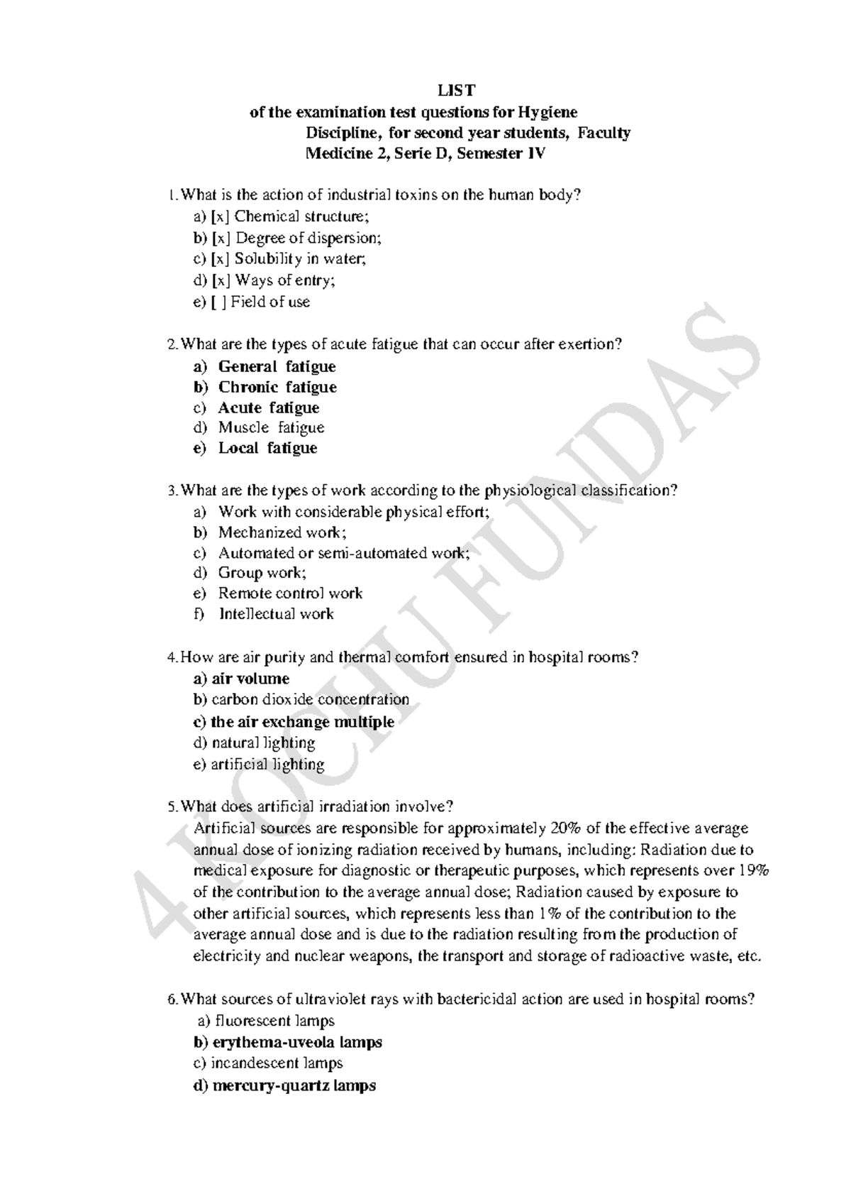 Hygiene Discipline Exam Questions for 2nd Year Med Students - Semester ...