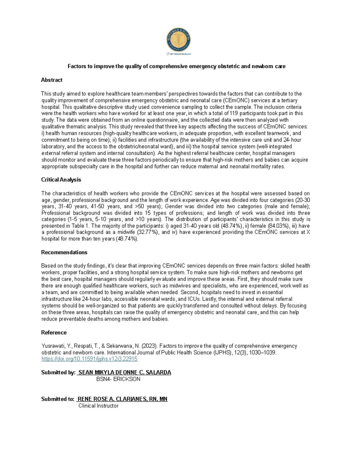 Improving CEmONC Quality: Key Factors for Healthcare Teams - Studocu