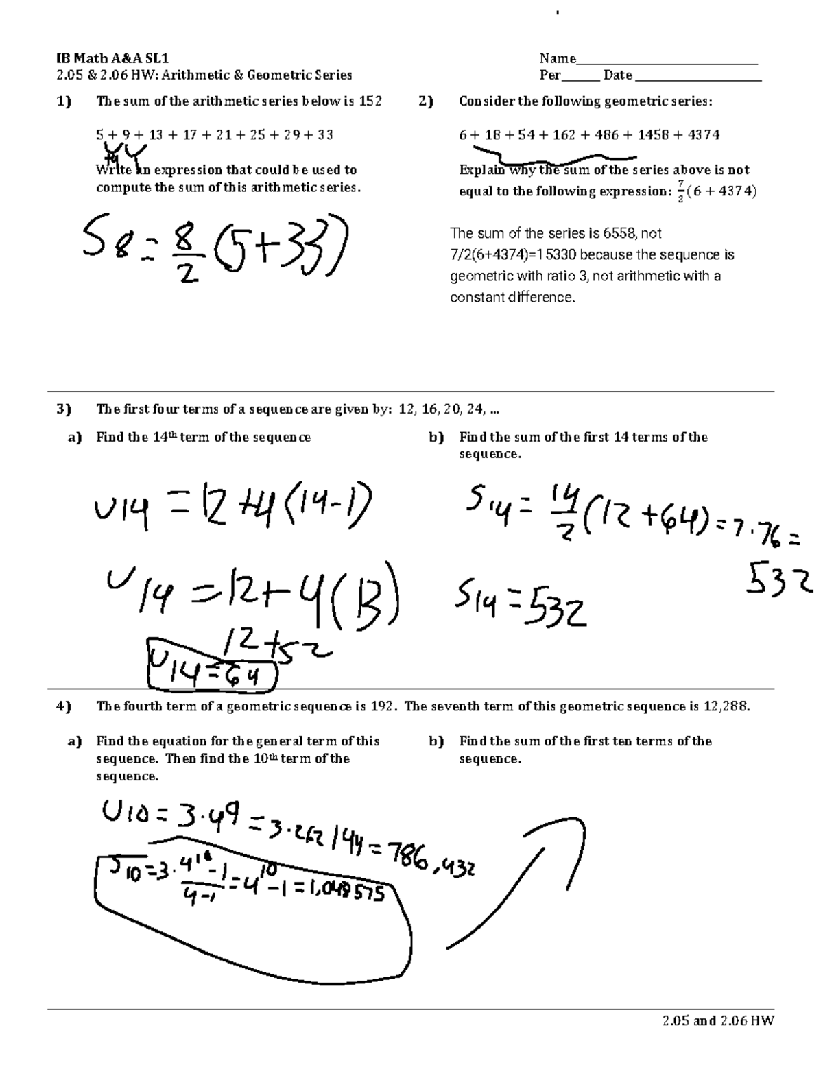 IB Math SL1 2.05 & 2.06 HW: Arithmetic & Geometric Series Analysis ...