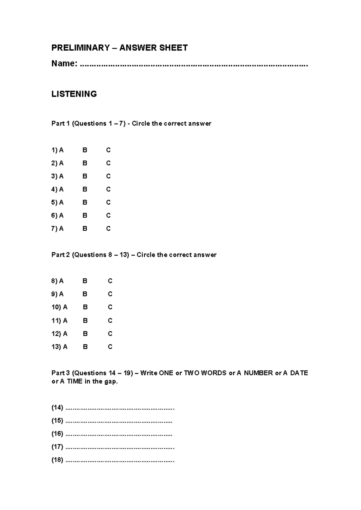 PRELIMINARY ANSWER SHEET - LISTENING & READING (Part 1-3) - Studocu