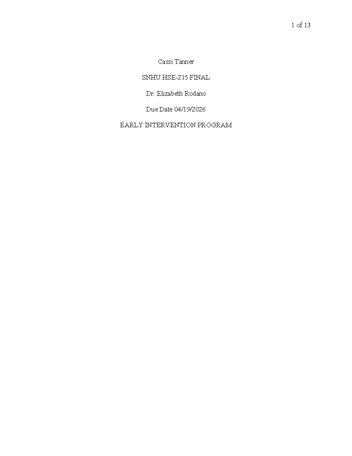 HSE-215 Final: Evaluating the DDI Vantage Early Intervention Program ...