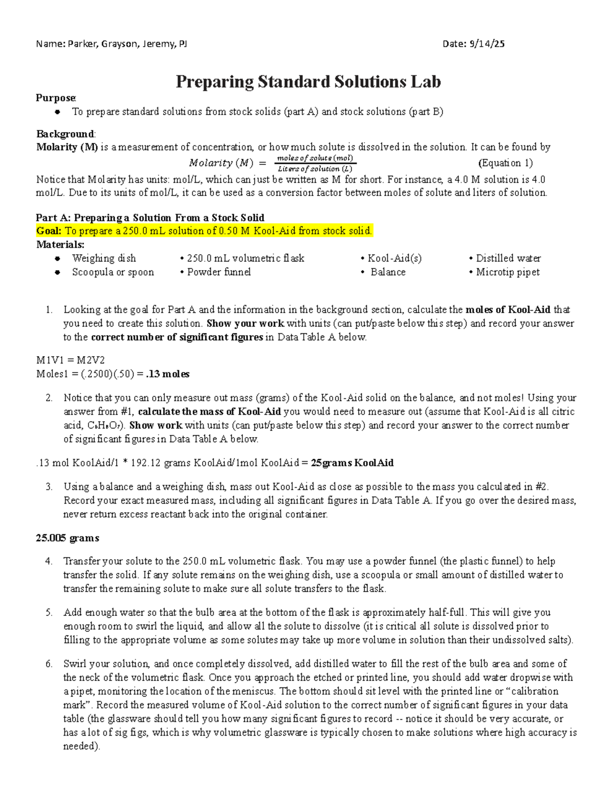 Preparing Standard Solutions Lab (CHEM 101) - Studocu