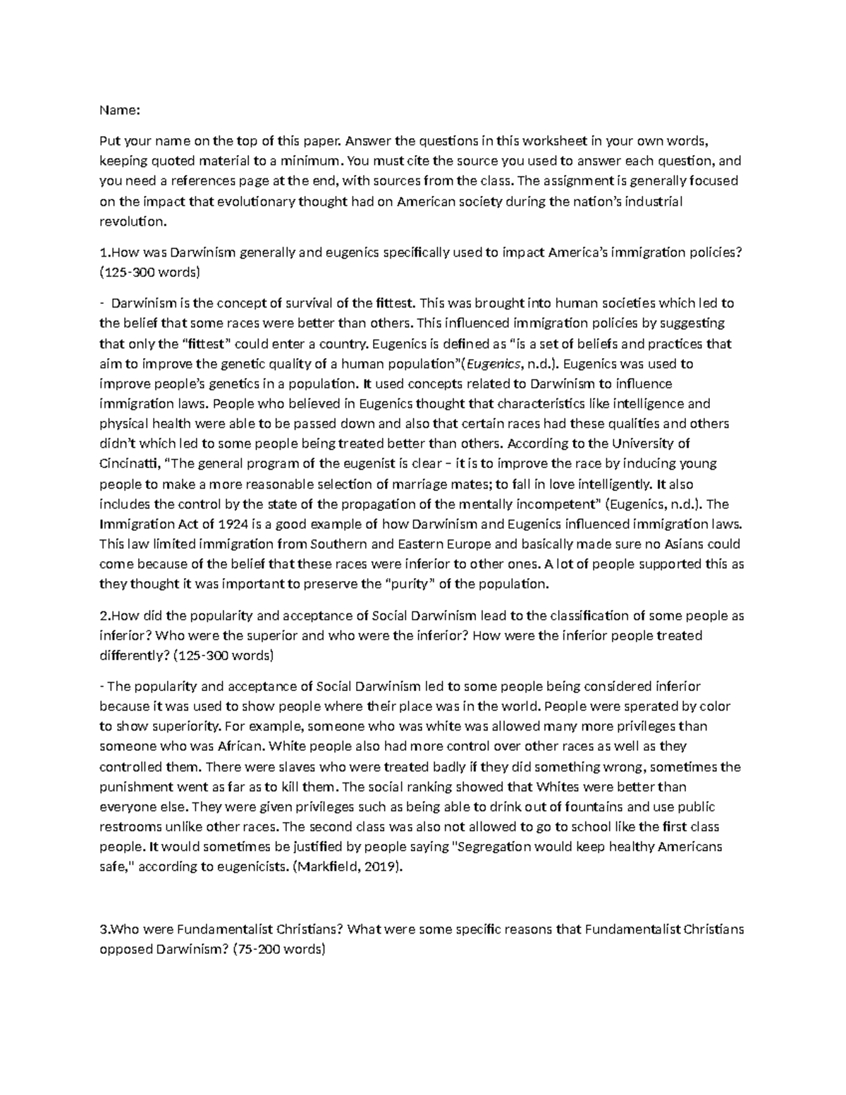 Darwinism and Eugenics Worksheet 3 - Name: Put your name on the top of ...