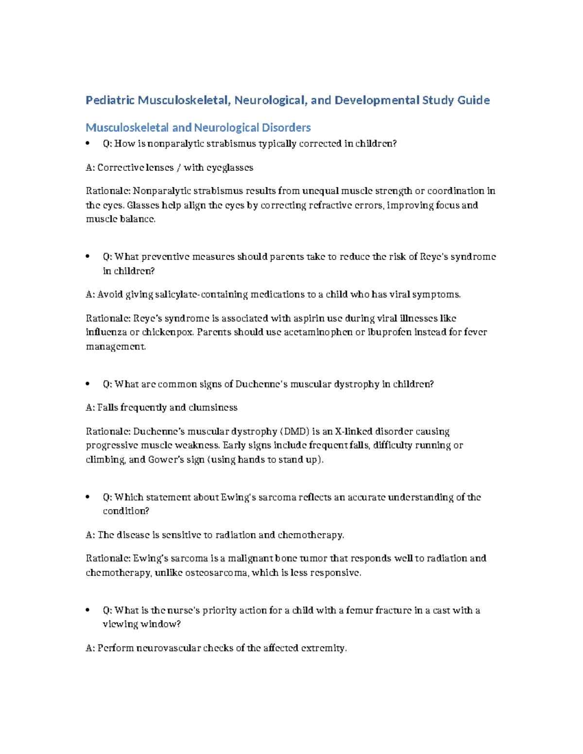 Pediatric Study Guide: Musculoskeletal & Neurological Disorders - Studocu