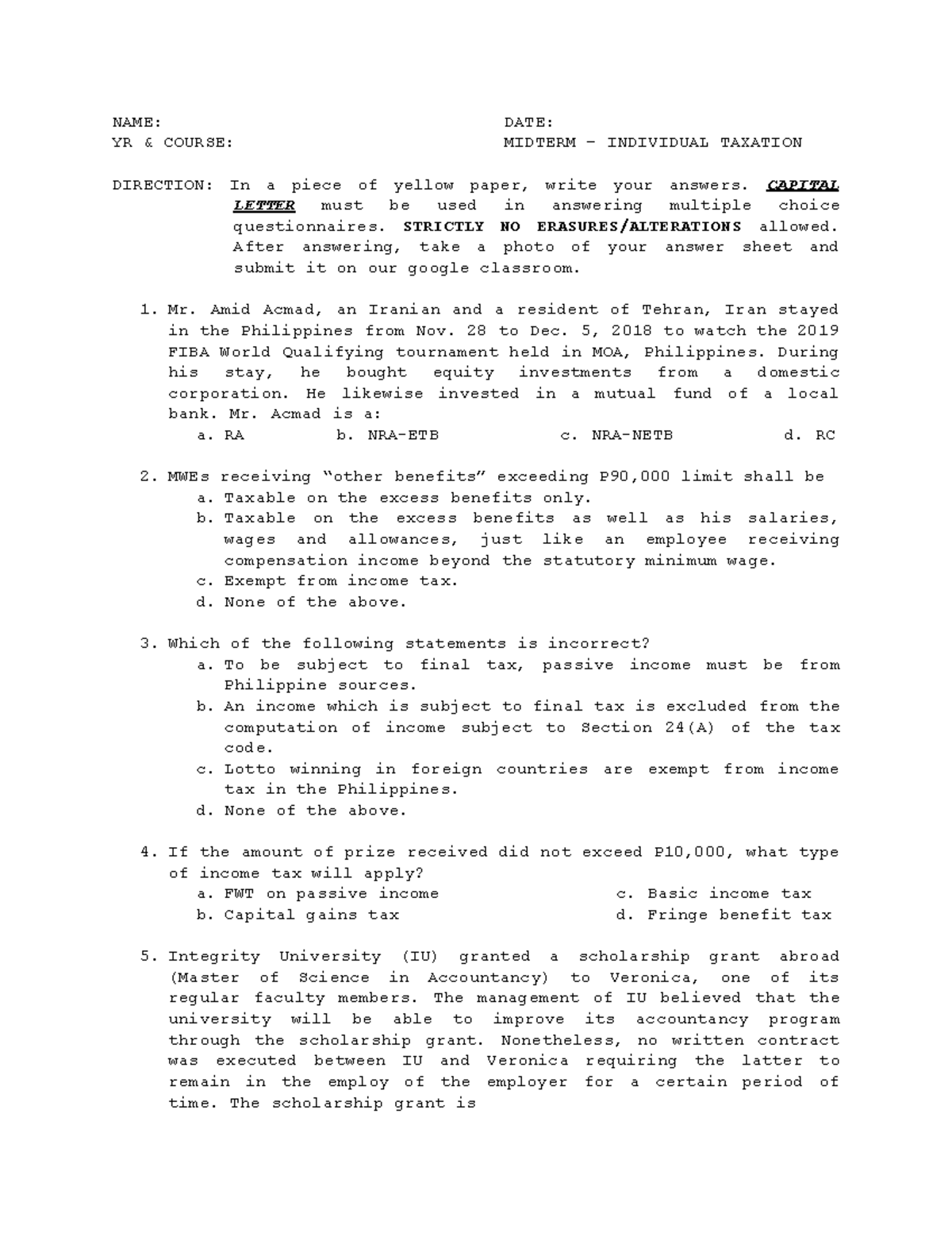 Midterm Exam - BSA: Individual Taxation Study Guide - Studocu