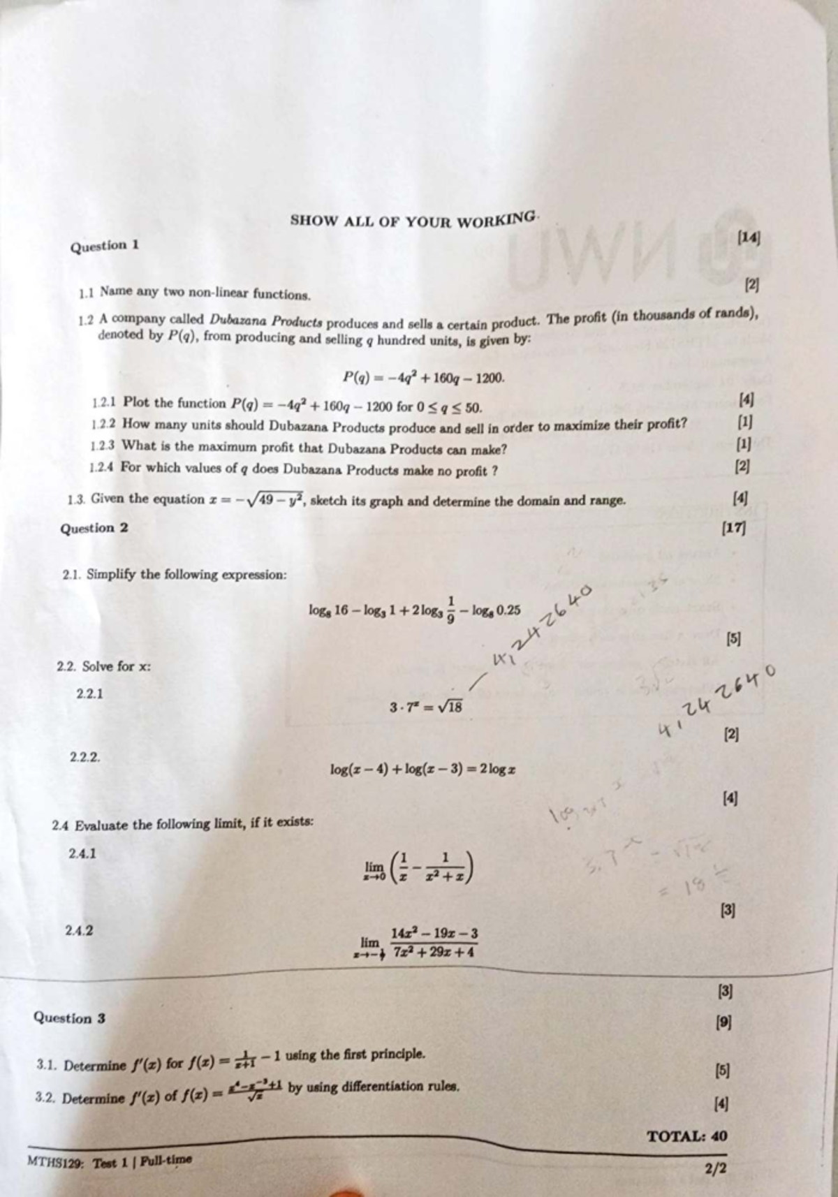 MTHS129: Class Test 1 - Functions, Profit Maximization & Limits - Studocu