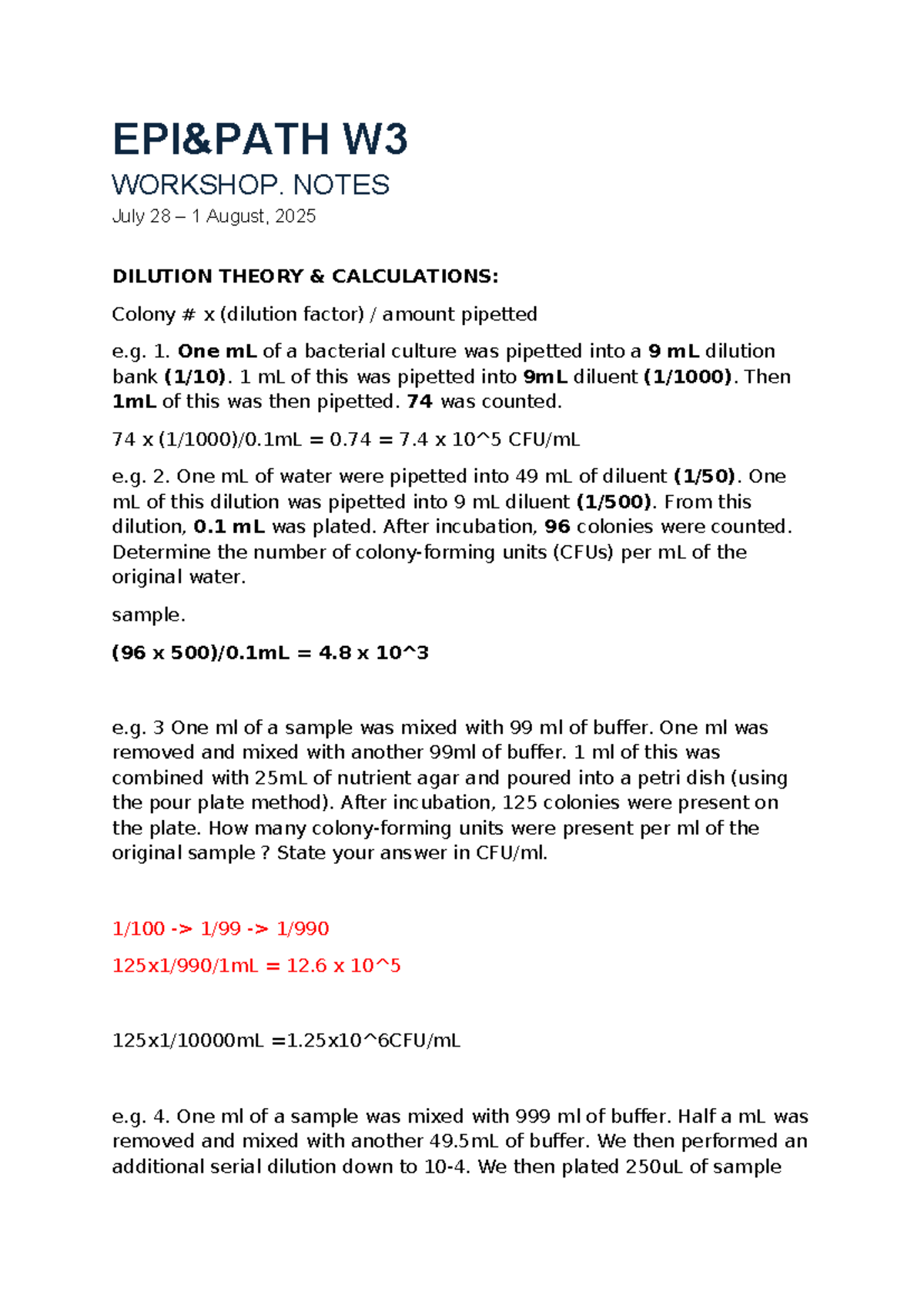 EPI&PATH W3 Workshop Notes: Dilution Theory Calculations - Studocu