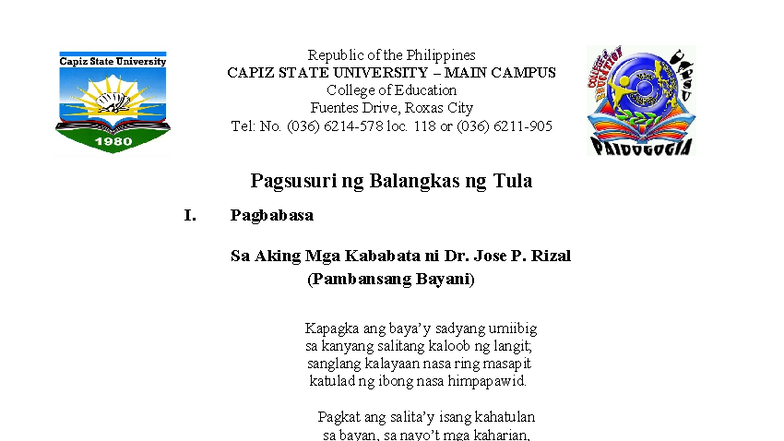 Pagsusuri ng Tula: "Sa Aking Mga Kababata" ni Rizal (EDUC 101) - Studocu
