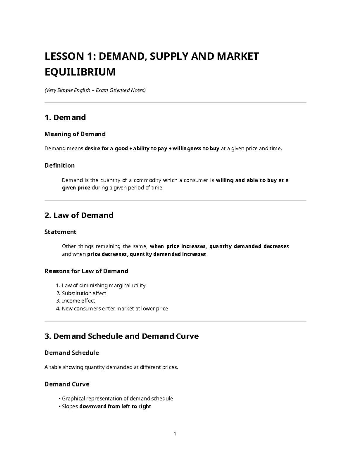 Lesson 1: Demand, Supply and Market Equilibrium - Exam Notes - Studocu