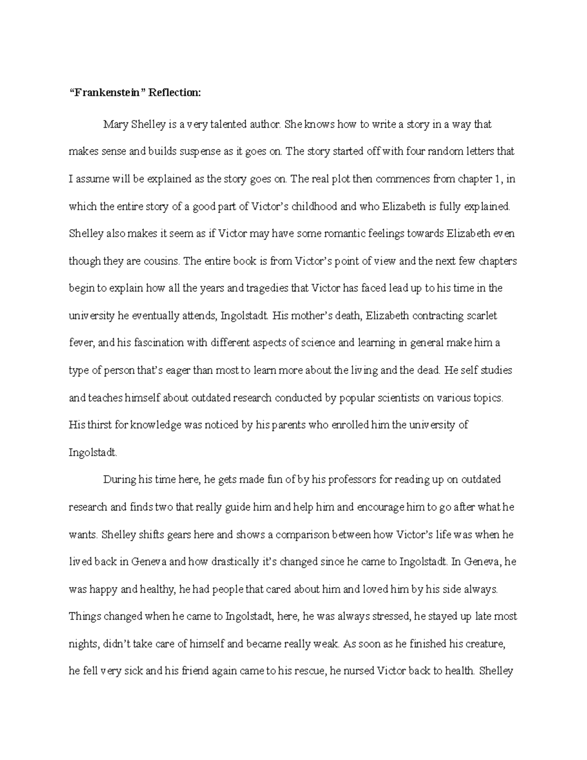 Frankenstein chapters 1-10 reflection - “Frankenstein” Reflection: Mary ...