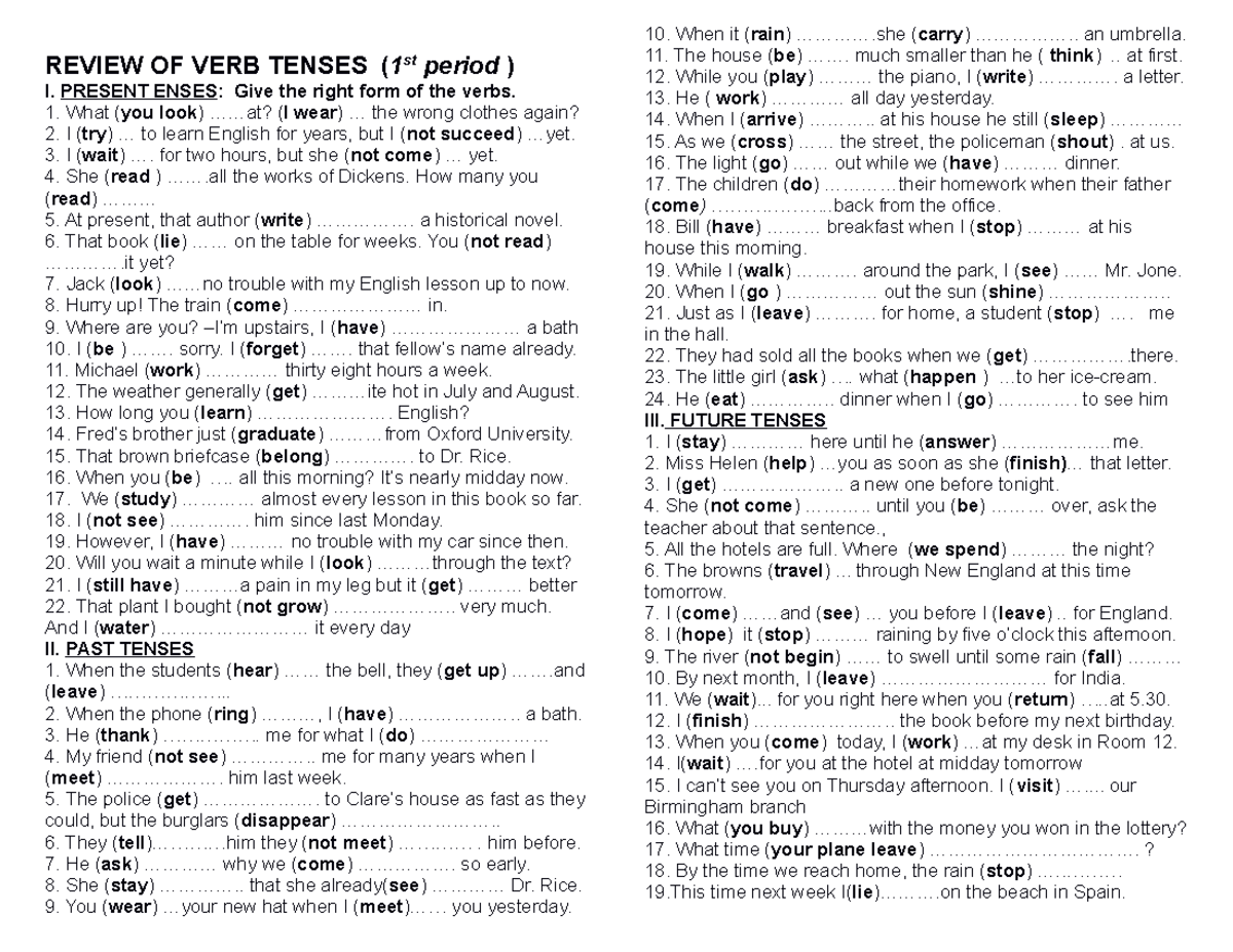 Bai tap verb tenses - bai tap tieng anh - REVIEW OF VERB TENSES ( 1 st ...